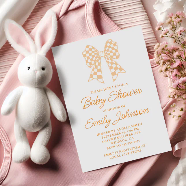 Peach and White Checker Bow Baby Shower Invitation | Zazzle