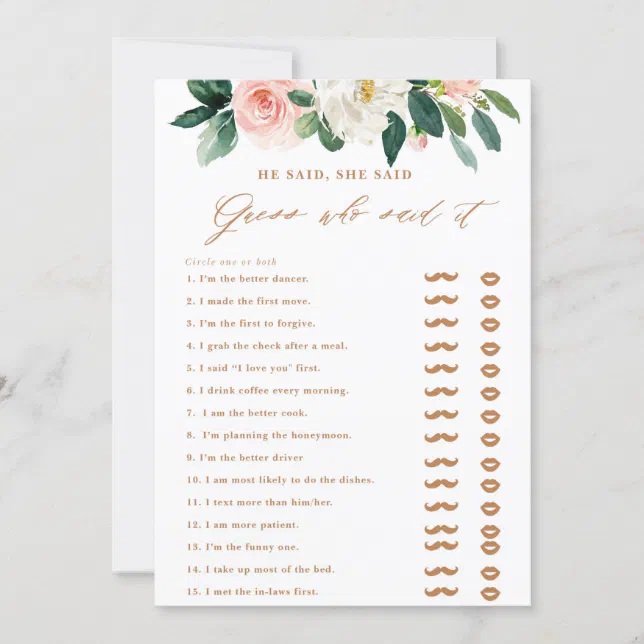 Peach and White Floral He Said, She Said Game Invitation | Zazzle