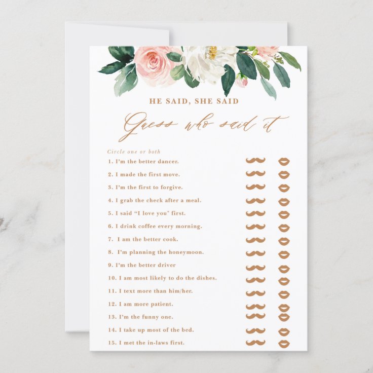 Peach and White Floral He Said, She Said Game Invitation | Zazzle