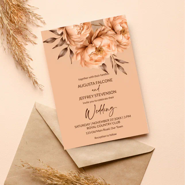 Peach beige flowers elegant all in one wedding invitation | Zazzle