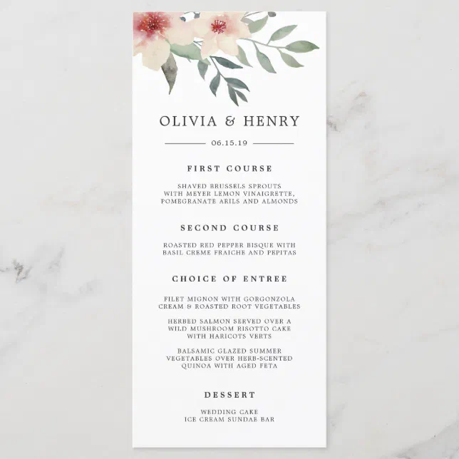 Peach Blossom Wedding Menu Card | Zazzle