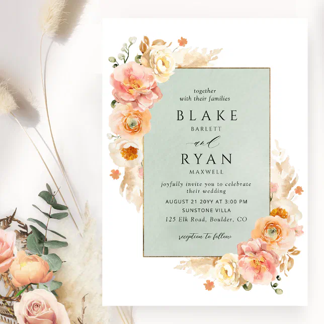 Peach, Blush Cream and Sage Floral Chic Wedding Invitation | Zazzle