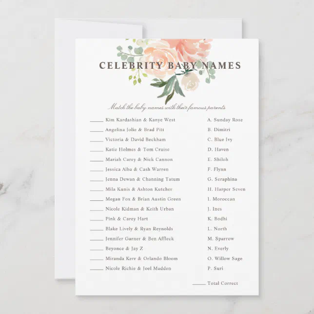 Peach Blush Floral Celebrity Baby Name Game Invitation | Zazzle