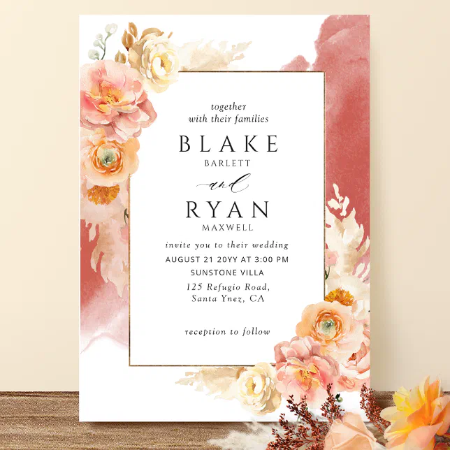 Peach Blush Floral, Rust Watercolor Wedding Invitation | Zazzle