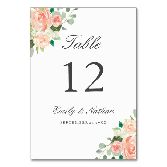 Peach Blush Watercolor Floral Table Number Cards | Zazzle