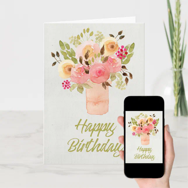 Peach Color Watercolor Flowers Birthday Card | Zazzle
