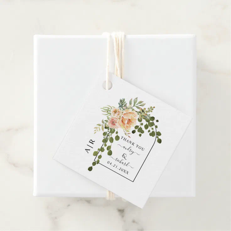 Peach coral flowers arch and monogram wedding favor tags | Zazzle