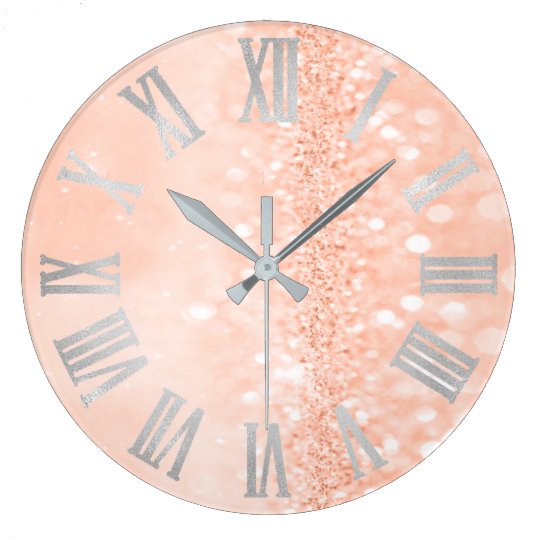 Peach Coral Silver Glitter Gray Roman Numbers Large Clock | Zazzle.com