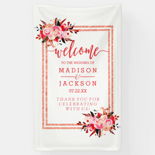 Peach & Coral Watercolor Floral Wedding Welcome Banner | Zazzle