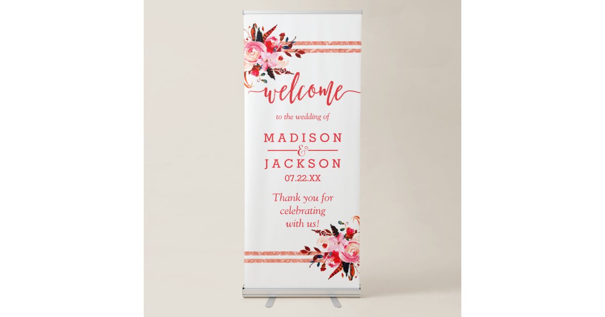 Peach & Coral Watercolor Floral Wedding Welcome Retractable Banner | Zazzle