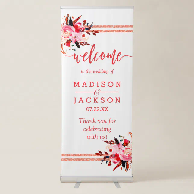Peach & Coral Watercolor Floral Wedding Welcome Retractable Banner | Zazzle