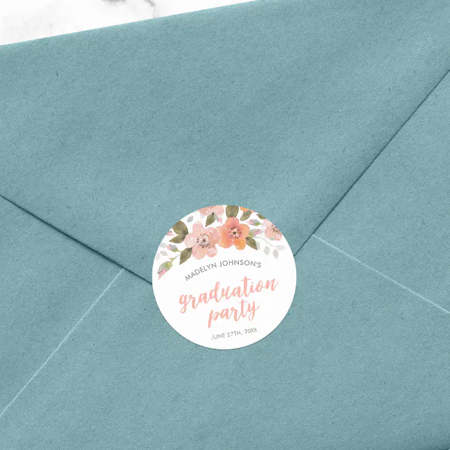 Peach Delicate Floral Graduate Graduation Party Classic Round Sticker ...
