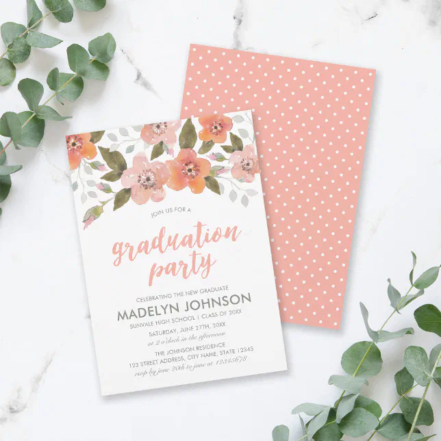 Peach Delicate Floral Graduation Party Invitation | Zazzle