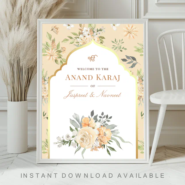 Peach Floral Anand Karaj Sikh Wedding Welcome Sign | Zazzle