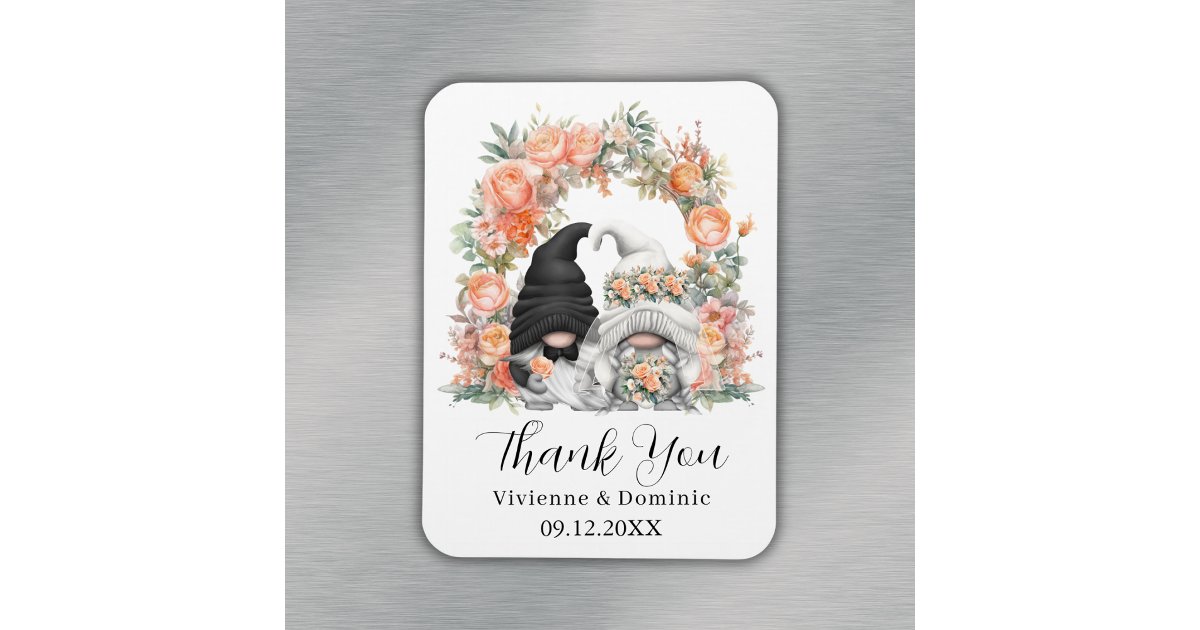 Peach Floral Arch Gnome Wedding Thank You Card Magnet | Zazzle