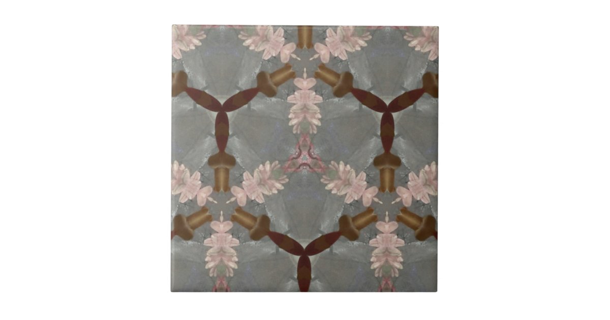 Peach Floral Brown Bamboo Abstract Asian Pattern Tile | Zazzle