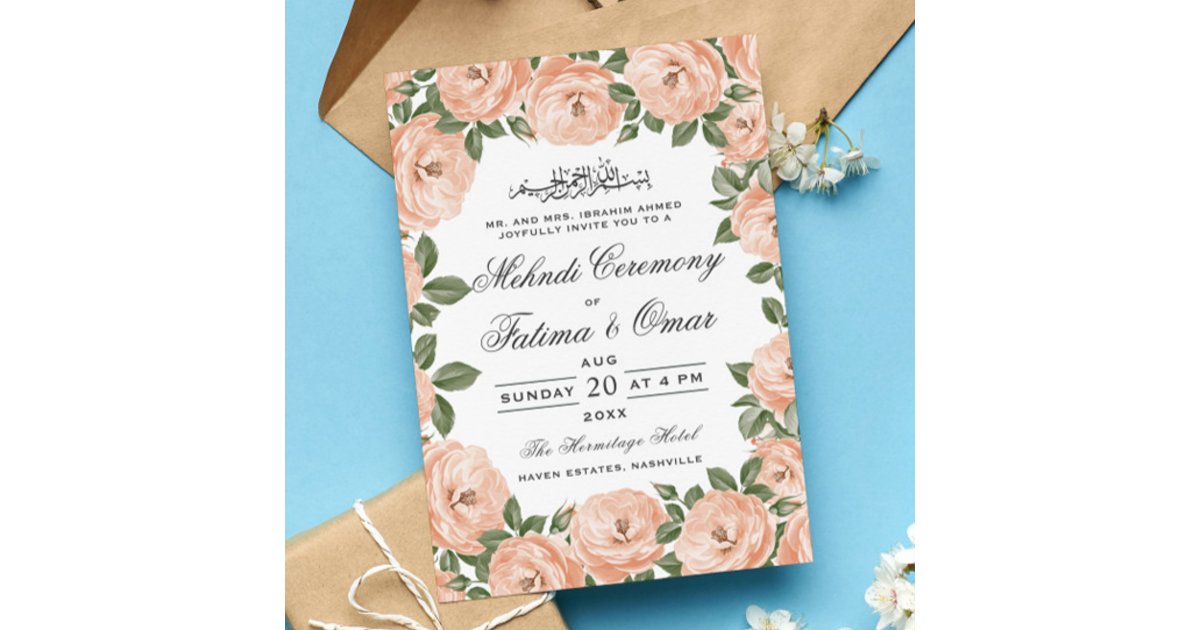 Peach Floral Frame Islamic Henna Mehndi Ceremony Invitation | Zazzle