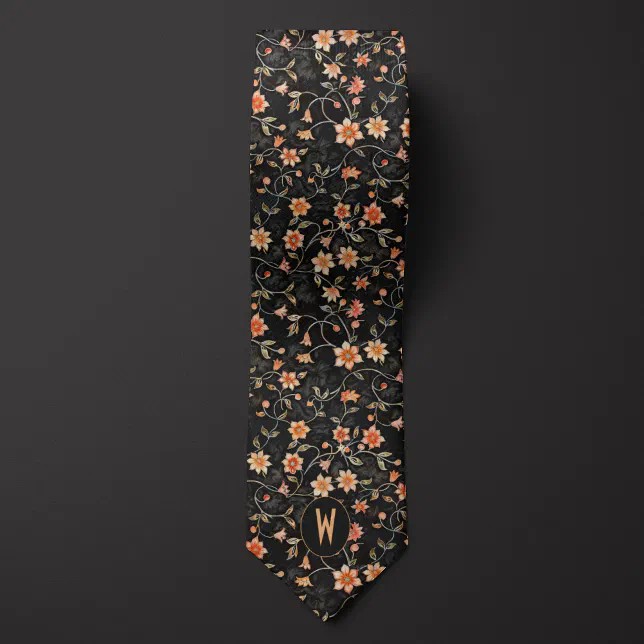 Peach Floral on Black Neck Tie | Zazzle