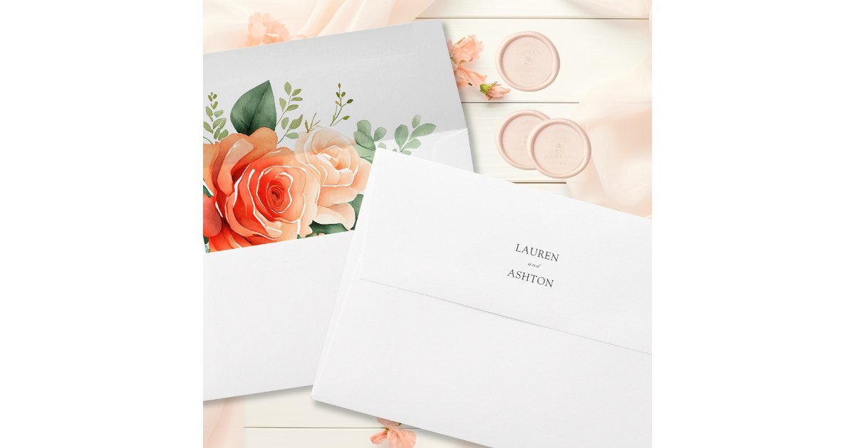 Peach Floral Rose Personalized Wedding Envelope | Zazzle