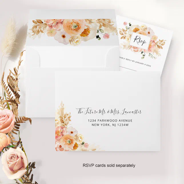 Peach Floral RSVP with Return Address, White Envelope | Zazzle