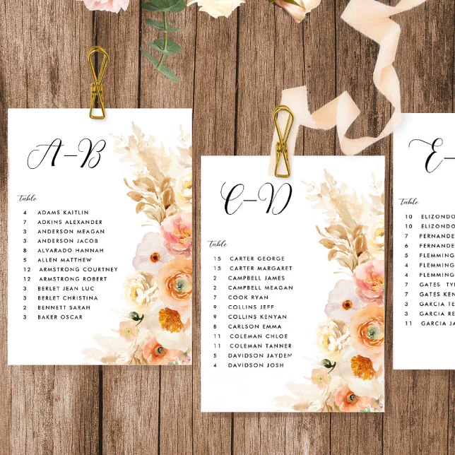 Peach Floral Seating Plan Cards with Guest Names | Zazzle