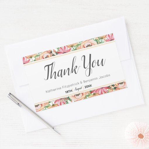 Peach Floral Wedding Thank You Rectangular Sticker | Zazzle