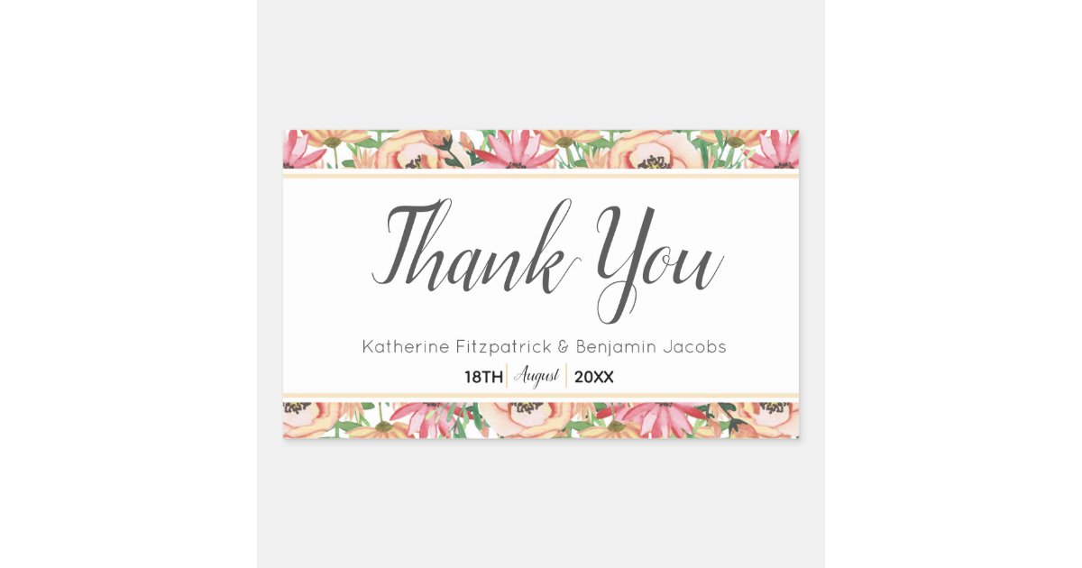 Peach Floral Wedding Thank You Rectangular Sticker | Zazzle