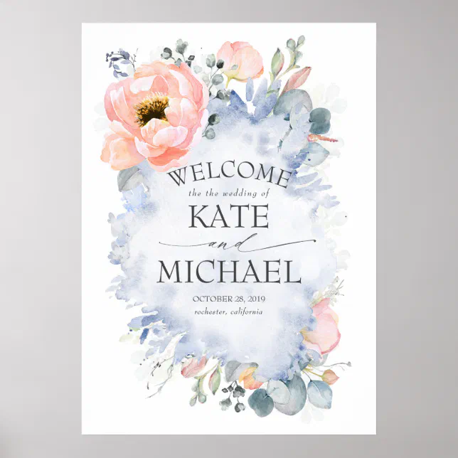 Peach Flowers and Greenery Dusty Blue Welcome Poster | Zazzle