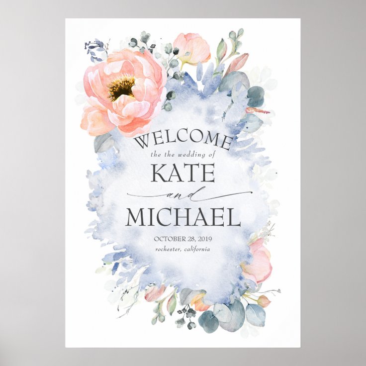 Peach Flowers and Greenery Dusty Blue Welcome Poster | Zazzle