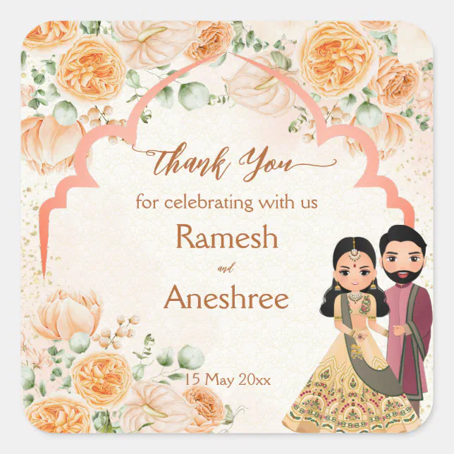 Peach flowers cute Indian bridal couple custom Square Sticker | Zazzle