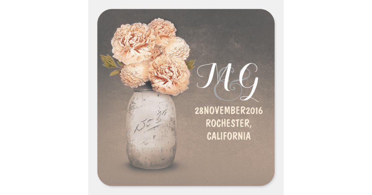 Peach flowers painted mason jar wedding stickers | Zazzle.com