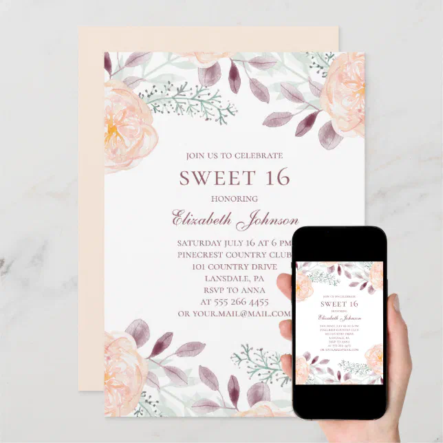 Peach flowers Sweet 16. Floral 16th birthday Invitation | Zazzle