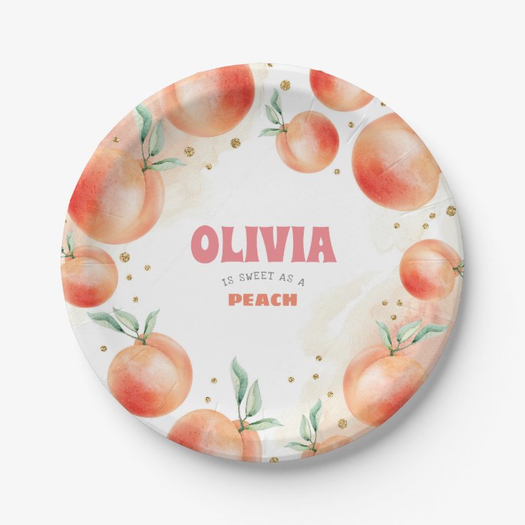 Peach Fruits and Gold Confetti Sweet Cute Birthday Paper Plates | Zazzle