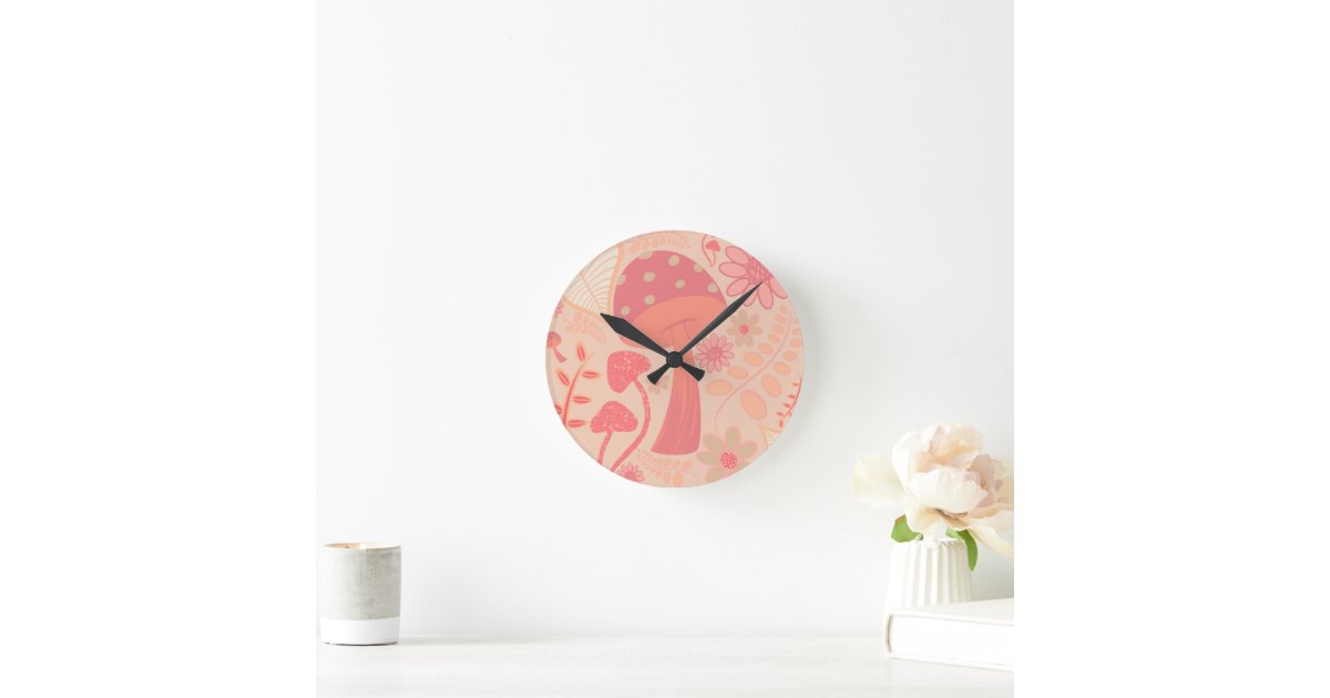 Peach Fuzz Color of the year mushrooms floral Round Clock | Zazzle
