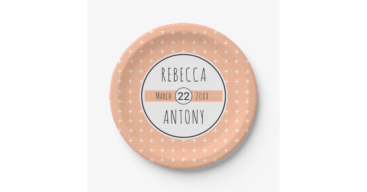 Peach geometric pattern, typography banner wedding paper plates | Zazzle