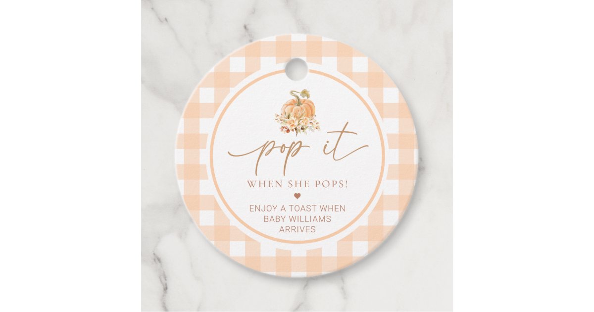 Peach Gingham Pumpkin Pop It When She Pops Favor Tags | Zazzle