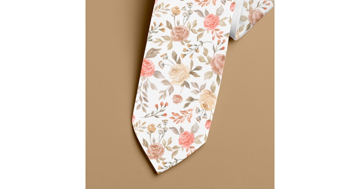 Peach gold blush watercolor roses summer pattern neck tie | Zazzle