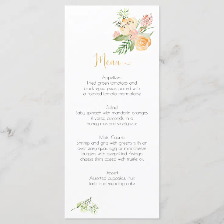 Peach Gold Pink Green Floral Menu Cards | Zazzle
