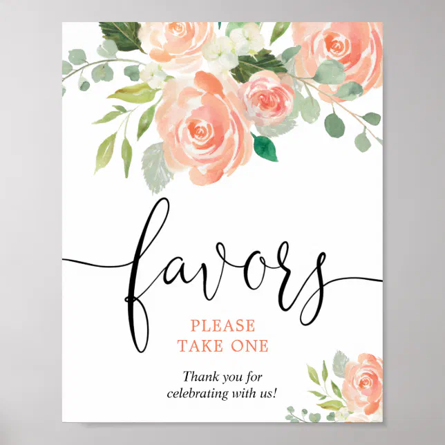 Peach greenery floral Favors please take one sign | Zazzle