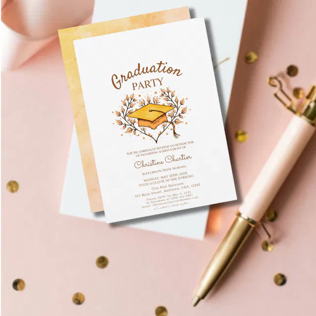 Peach Hand-drawn golden Cap graduation Invitation | Zazzle