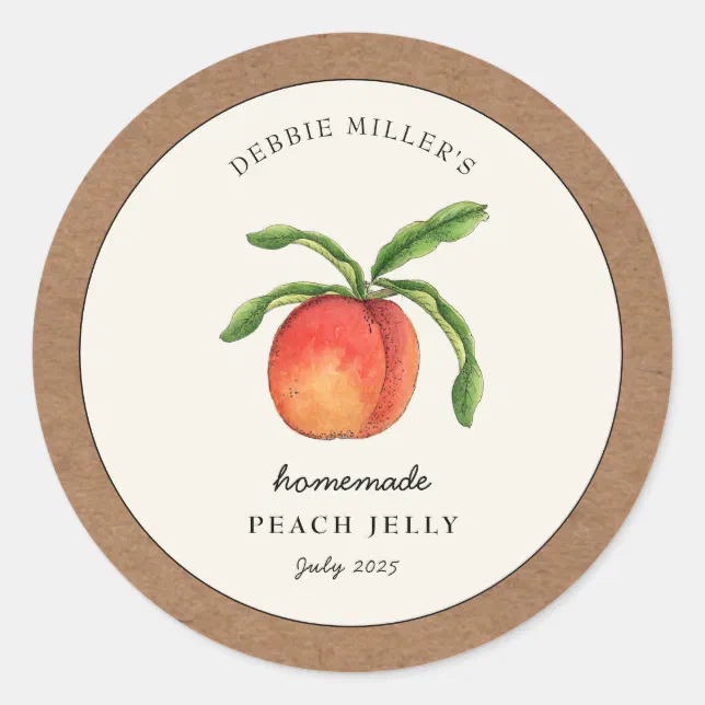 Peach Jelly, Jam Jar with Kraft paper border Classic Round Sticker | Zazzle