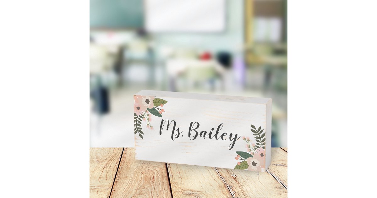 Peach Meadow | Floral Teacher Name Classroom Wooden Box Sign | Zazzle