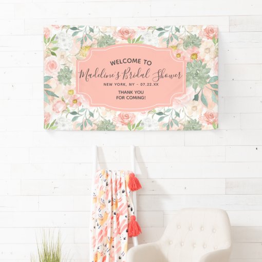 Peach Mint Succulent Floral Bridal Shower Welcome Banner | Zazzle