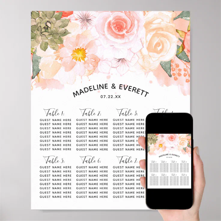 Peach & Mint Succulent Wedding Table Seating Chart | Zazzle