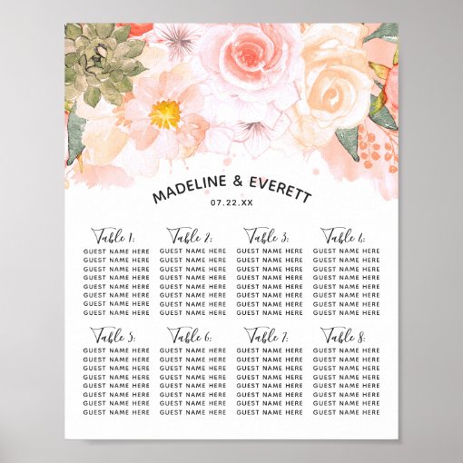 Peach & Mint Succulent Wedding Table Seating Chart | Zazzle