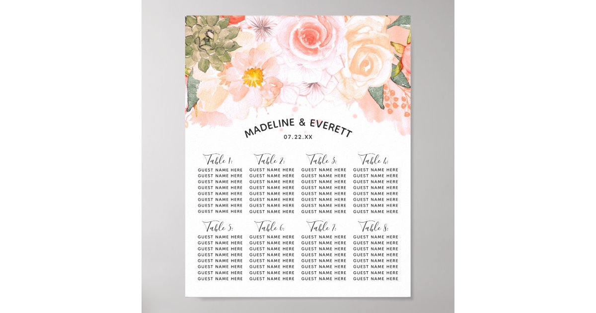 Peach & Mint Succulent Wedding Table Seating Chart | Zazzle