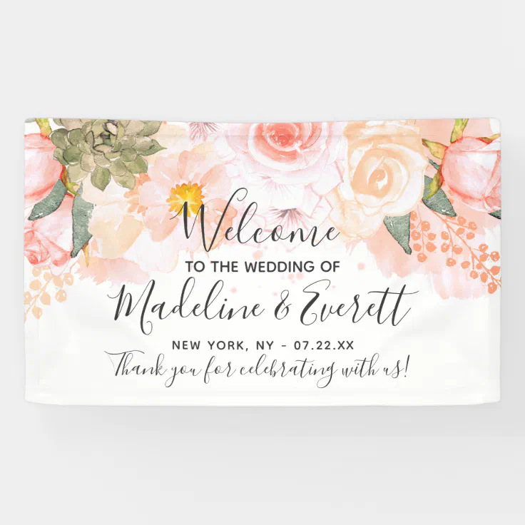 Peach & Mint Succulents Floral Wedding Welcome Banner | Zazzle