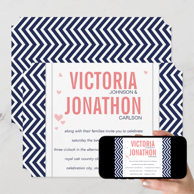 Peach Navy and Grey Zig Zag Typography Wedding Invitation | Zazzle