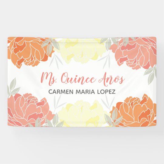 Peach Orange & Yellow Peonies Quinceanera Party Banner | Zazzle.com