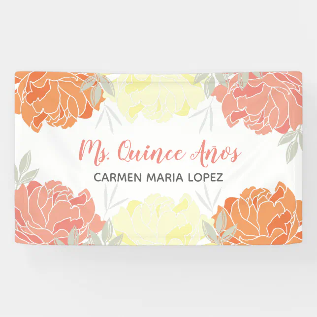Peach Orange & Yellow Peonies Quinceanera Party Banner | Zazzle